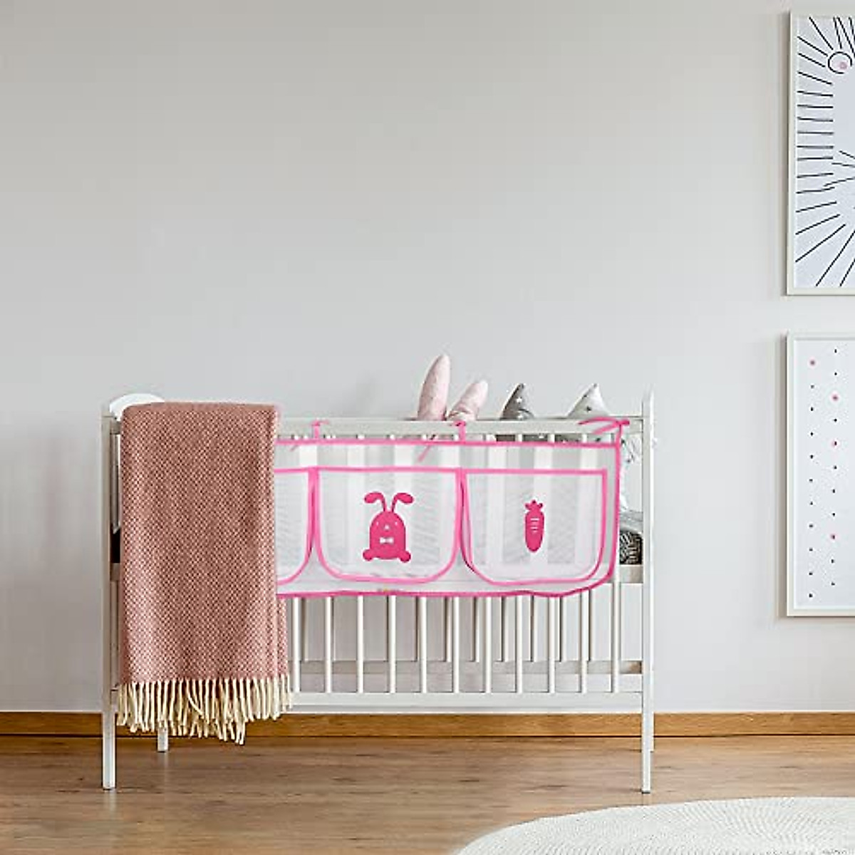 Nylon Mesh Cloth Baby Bedside Hanging Storage Bag, 3 Pockets Baby Crib Storage Bag, Baby Clothes Hanging Diaper Organizer for Baby Cribs and Toys