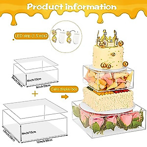 Nynelly Acrylic Cake Stand with Lid, Square Cake Riser Clear Cake Box Stand, Fillable Cube Pedestal Stands for Parties, Decorative Centerpiece for Wedding Birthday Party (2pcs, 8" Dx4”H; 12" Dx4”H)