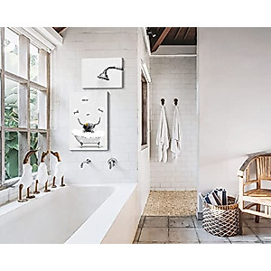 Pinetree Art Funny Bathroom Decor Cute Highland Cow Wall Art - Relax Soak Unwind Breathe Inspirational Quote - Modern Farmhouse Home Bathroom Wall Decorative (black and white, set of 2)