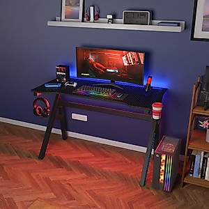 BestOffice Gaming Desk Computer Desk 47"x 23" Home Office Desk Extra Large Modern Ergonomic Black PC Carbon Fiber Table Gamer Workstation with Cup Holder Headphone Hook,Blue