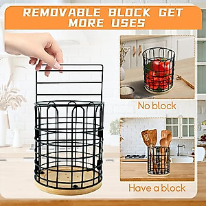 DeaLott Kitchen Utensil Holder for Countertop, 7.28'' Large Cooking Utensils Holder with Bamboo Base, Black Metal Wire Utensil Holder for Countertop, Kitchen Countertop Utensil Organizer