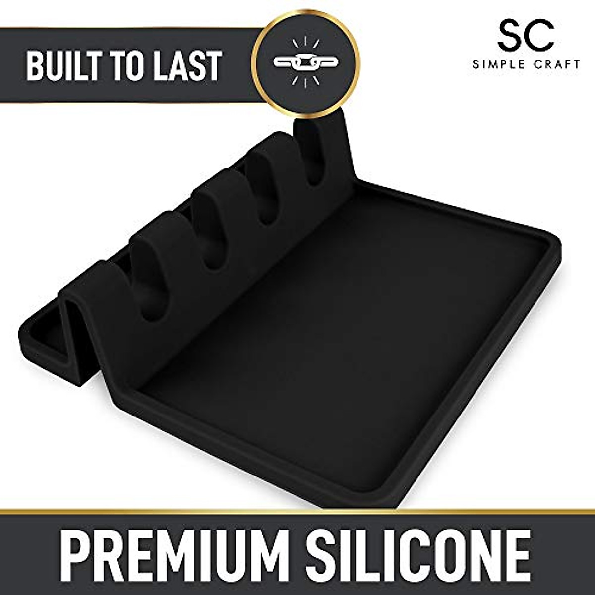 Simple Craft Silicone Utensil Rest with Drip Pad for Multiple Utensils - Heat-Resistant, Spoon Rest & Spoon Holder for Stove Top, Kitchen Utensil Holder for Spoons, Ladles, Tongs (Black)