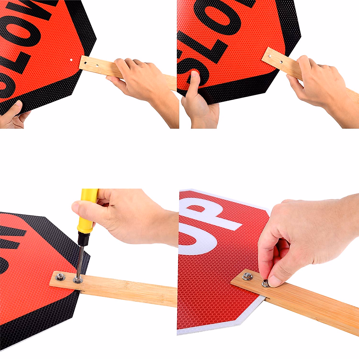 Kichwit Stop Slow Sign, 13" Double Sided Handheld Stop Sign, Street Slow Reflective Sign with Bamboo Handle, Aluminum