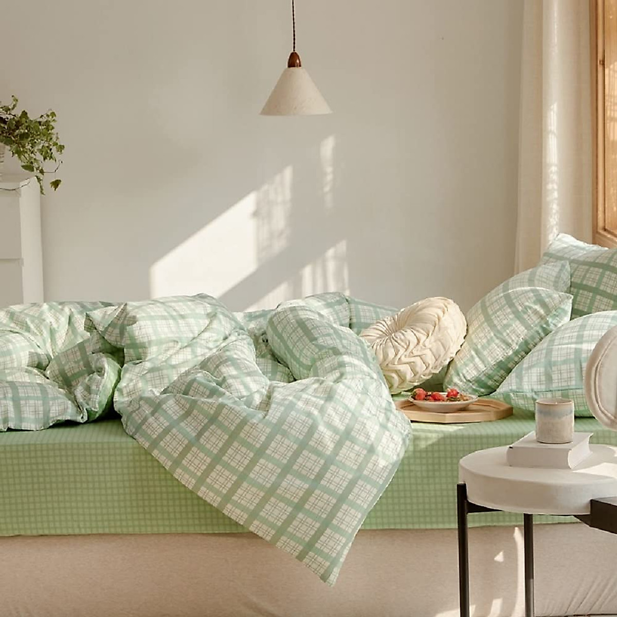 LifeTB 4 PCS Reversible Green Plaid Duvet Cover Set 【1 Queen Duvet Cover + 2 Standard Pillowcases + 1 Queen Fitted Sheet】