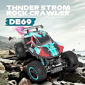DEERC DE69 Remote Control Truck with Spray and Light, 5 LED Light Modes, Dual Motors Off Road RC Car, 4WD Rock Crawler, Spray Water Mist, 35+ Min Play, Toy Vehicle for Boys Girls and Adults
