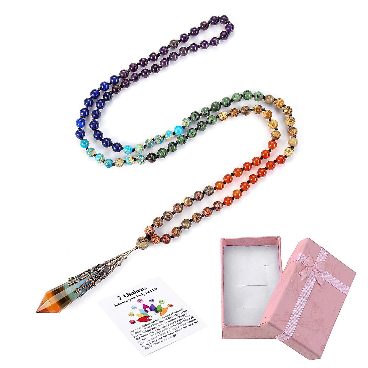 GEHECRST Natural 7 Chakra 108 Mala Prayer Beads Necklace with Reiki 12 Faceted Healing Crystal Pointed Pendant Multilayer 6mm Gemstones Beads Bracelet Mens Women Jewelry for Meditation, Protection