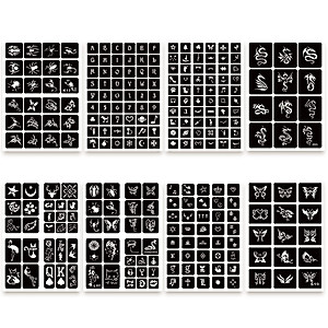 ChurlChurl 575pcs Temporary Tattoo Stencils, 20 Sheets Henna Tattoo Stencil Kit for Women Girls Kids and Boys Face Body Paint DIY Art Reusable Glitter Tattoo Stencils Pack
