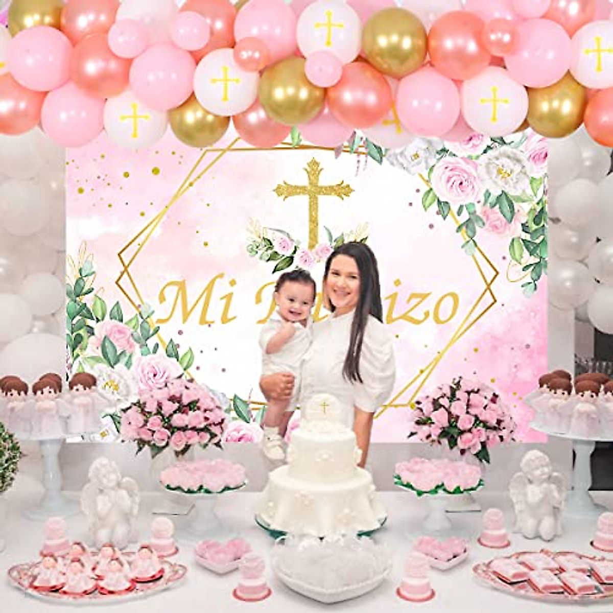 Mi Bautizo Party Decoration Pink White Balloon Garland Kit for Girls with Mi Bautizo Backdrop First Communion Confirmation Christening Decoration Baptism Party Decoration for Bautizo Baby Shower Party