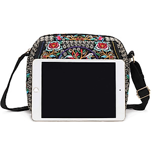 Vintage Embroidery 6.5" Canvas 3 zip Small Crossbody Bag Cell Phone Pouch Wallet Bag Coin Purse for Women (Black + Flower)