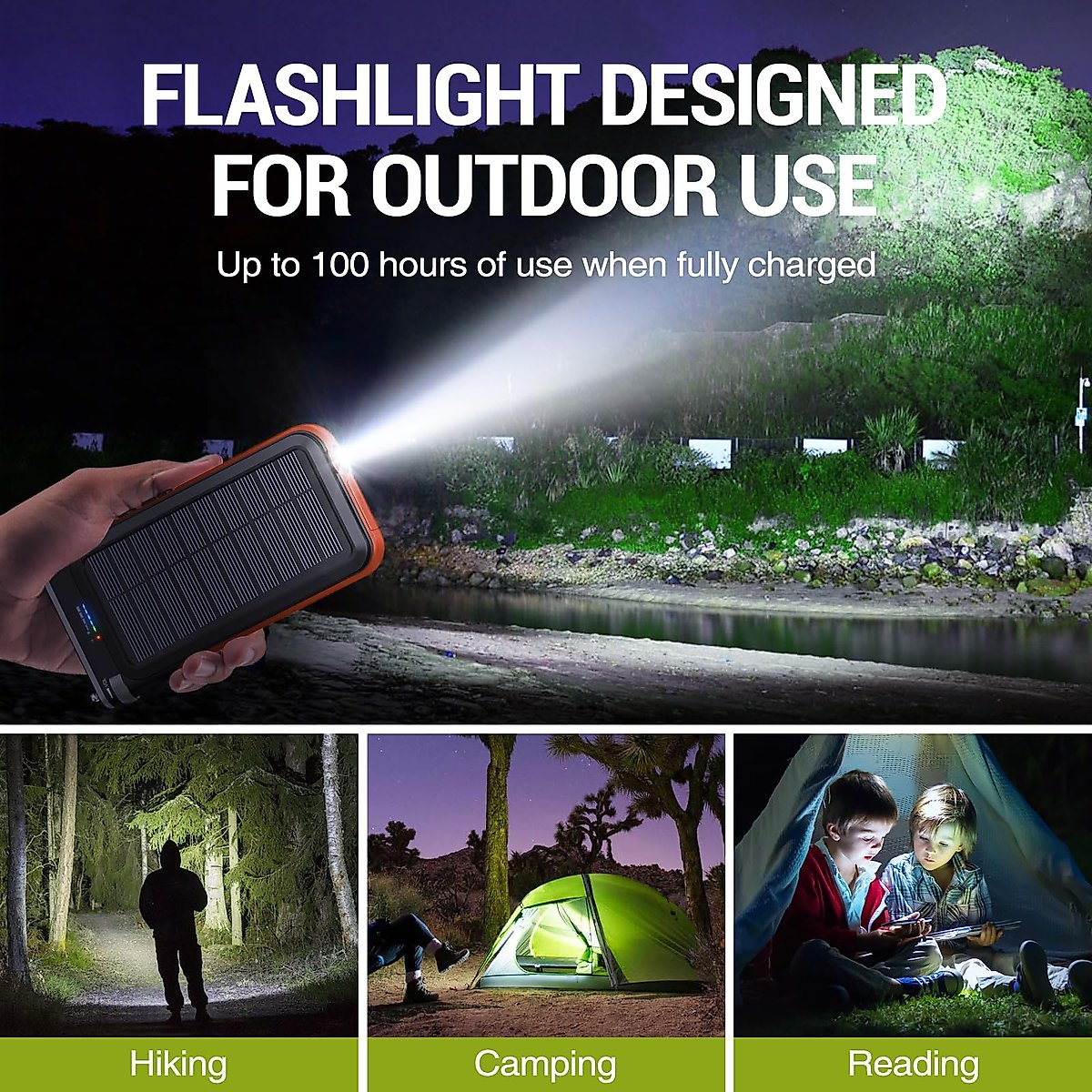 Solar Power Bank 36800mAh, Emergency FM Radio & Bluetooth Speaker, Built-in 2 Cables and Kickstand 15W Fast Charging LED Flashlight, USB C Input/Output Compatible with All Mobile Devices (Black)