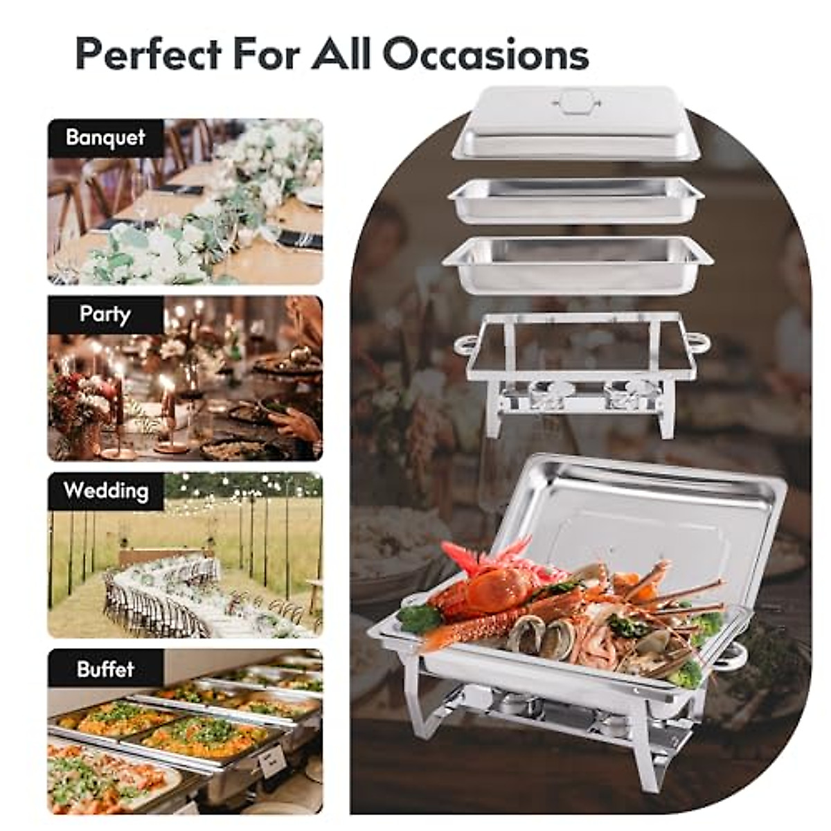 4 Pack 8QT Chafing Dish Buffet Set with 2 Full Size, 2 Half Size, 3 1/3 Size Food Pans, Stainless Steel Buffet Chafers Catering Food Warmers for Party/Buffet/Wedding/Banquet/Catering Events