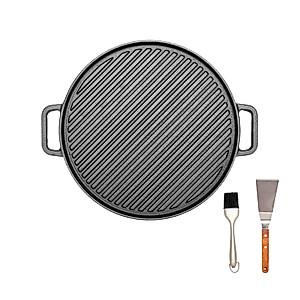 WANGYUANJI Cast Iron Grill Pan,11.8inch Round Cast Iron Skillets with Dual Handles for Barbecue,Suitable for All Stoves with Spatula and Brush