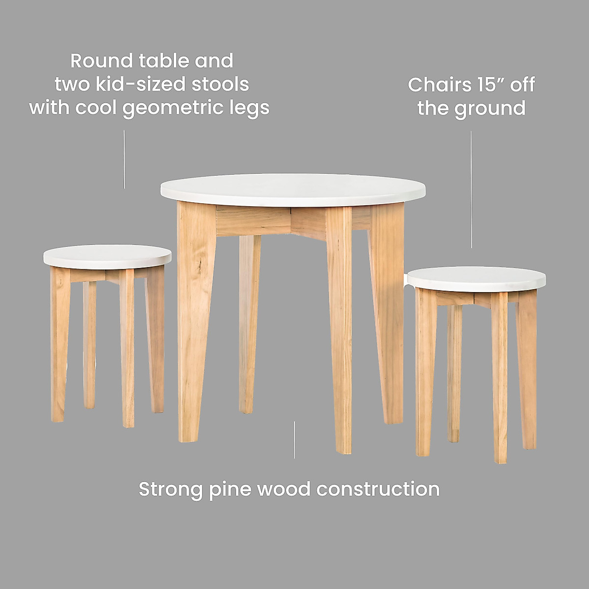 Child Craft Geo Table and Stools Set, Includes Table and 2 Stools, Fun Geometric Design, for Kids Ages 3-6 Years (White/Natural)