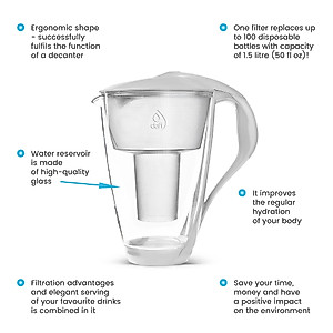 DAFI LED Glass Water Filter Pitcher 64 oz with Alkaline Filter + 3pack Alkaline Filters | Filters Compatible with Brita | Water Purifier Filter Jug Water Purifer | Water Cartridges | White