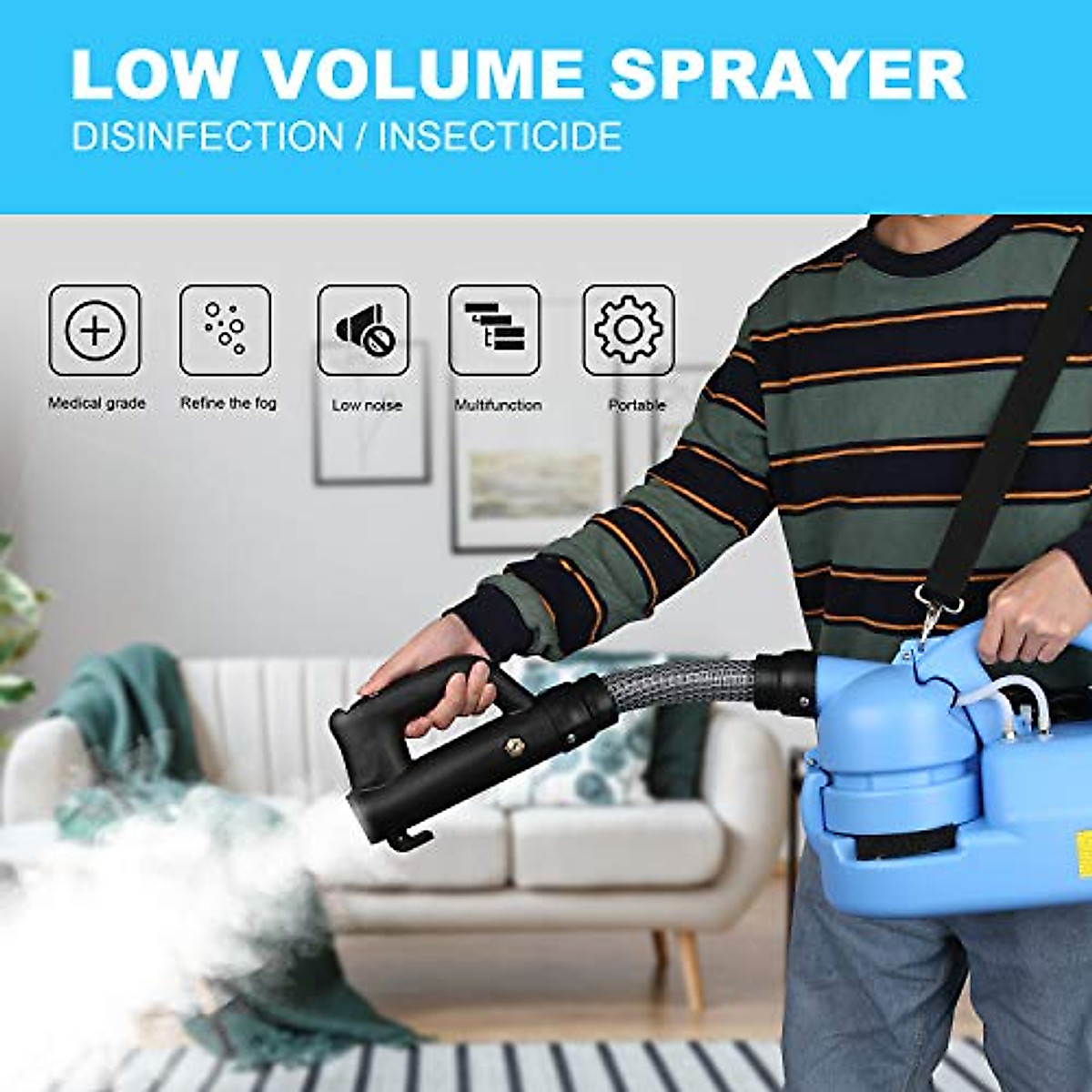 GESUNDHOME 7L Electric ULV Fogger - Portable Ultra-Low Atomizer - Electric Fogger Machine with Adjustable Particle Size 0-50μm/Mm - Suitable for Indoor and Outdoor Public (Blue)