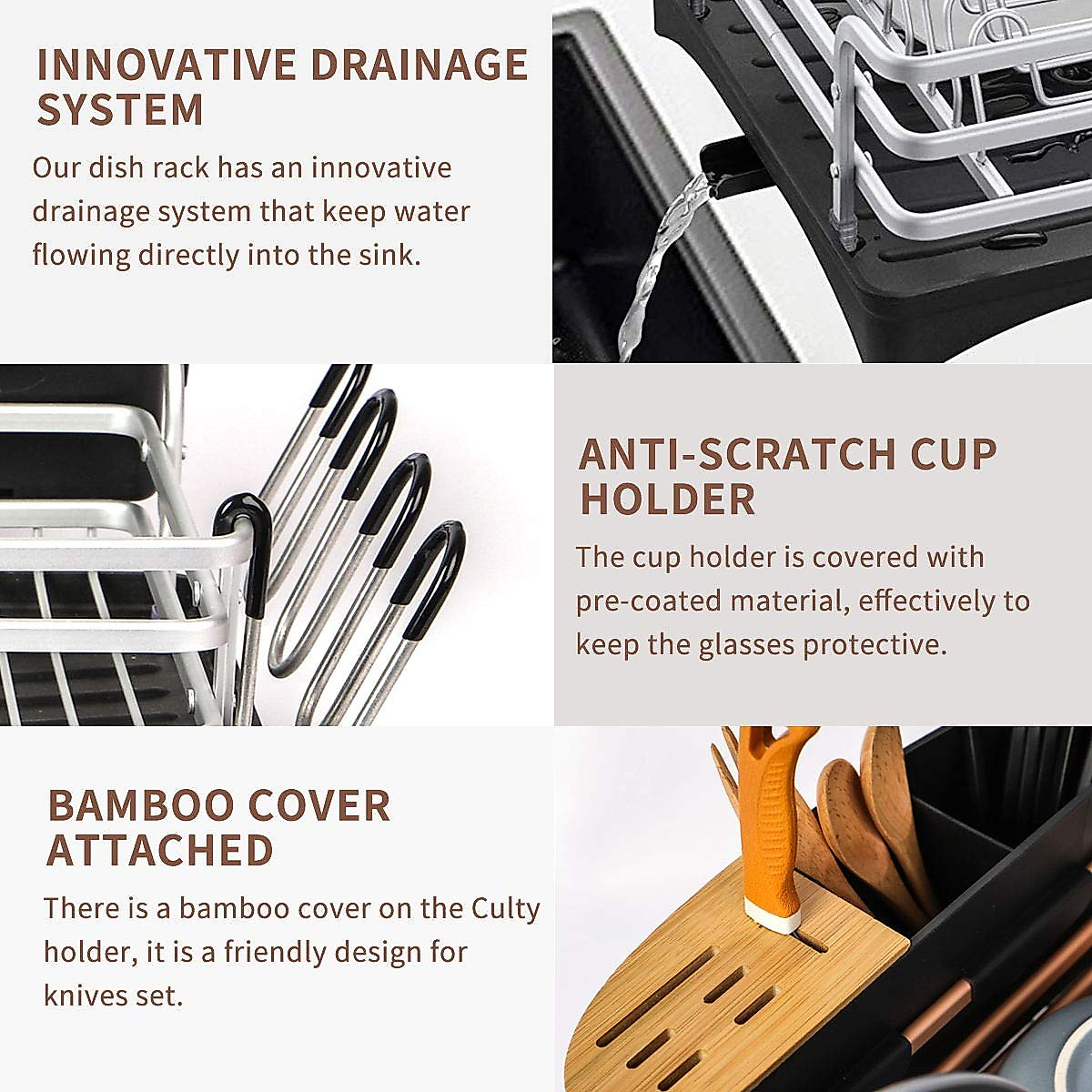 BRIAN & DANY Aluminum Dish Drying Rack, Dish Racks for Kitchen Counter, Dish Drainer with Removable Cutlery Holder & Cup Holder, Unique 360° Swivel Spout Drainboard, 16.5" L x 11.8" W, Silver