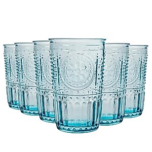 Bormioli Rocco Romantic Set Of 6 Cooler Glasses, 16 Oz. Colored Crystal Glass, Light Blue, Made In Italy.