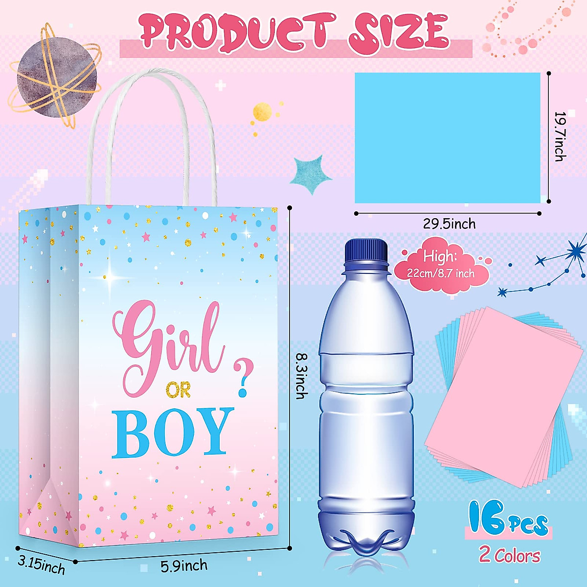 16 Set Gender Reveal Party Gift Bags with Tissue Paper Baby Shower Party Gift Bags, Pink Blue Treat Candy Bags Gender Reveal Paper Bags with Handles
