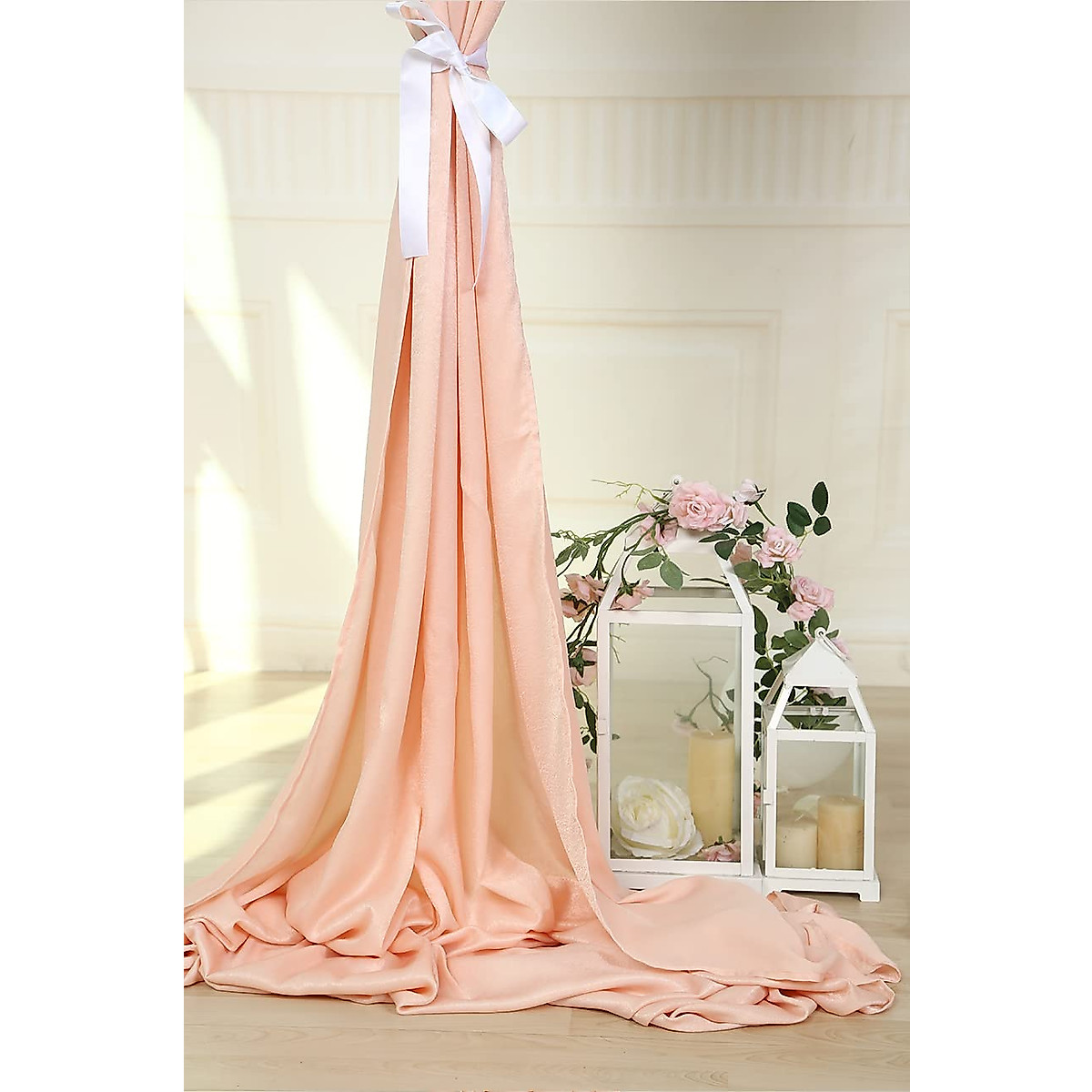 SHERWAY 9.6 Feet x 10 Feet Light Peach Silky Soft Curtain Wedding Backdrop Drapes, Slightly Shiny Satiny Window Curtains for Party Ceremony Decoration