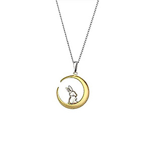 Cute Bunny Rabbit On The Moon Pendant Necklace for Women Teen Girls S925 Sterling Silver Hypoallergenic Dainty Tiny Crescent Choker 18" Chain Collar Delicate Animal Jewelry Gifts Box for Daughter