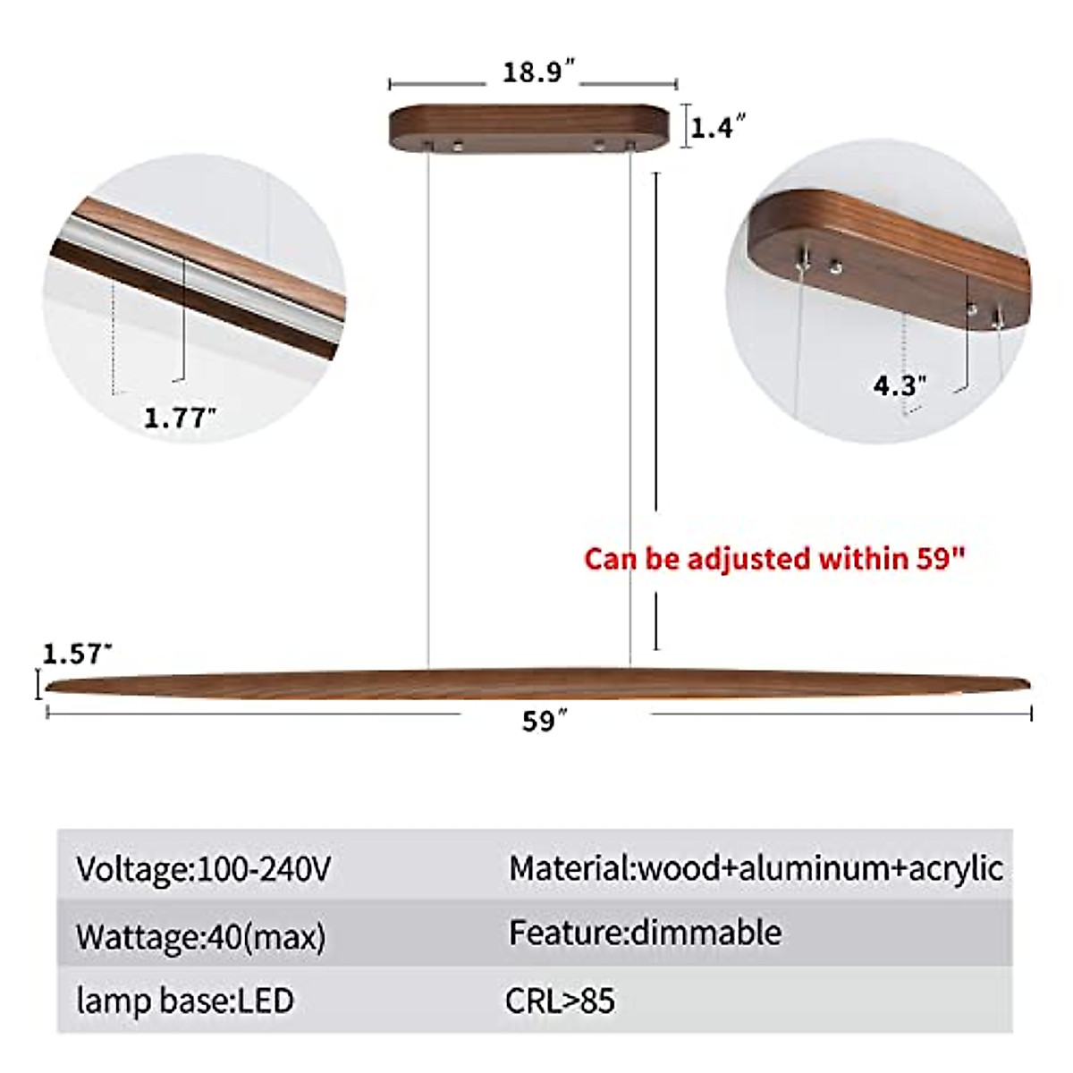 YISDESIGN Wood Linear Pendant Hanging Light Fixture Minimalist Light Linear Chandelier Wood Kitchen Island Lighting 40w Dimmable for Dining Room Dining Table Living Room Pool Table Walnut Color