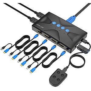 MT-VIKI KVM Switch 4 Port, HDMI KVM Switch for 4 Computers Share One HD 4K Monitor and 3 USB Devices Keyboard Mouse Printer, Including 4 KVM Cables and Wire-Desktop Controller