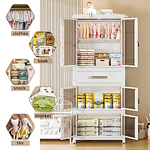 MU TU HD Portable Kids Wardrobe Closet with Doors, Plastic Baby Wardrobe Storage Cabinet with Hanging Rod Children's Clothes Closet Costume Storage Organizer (1 Pack)