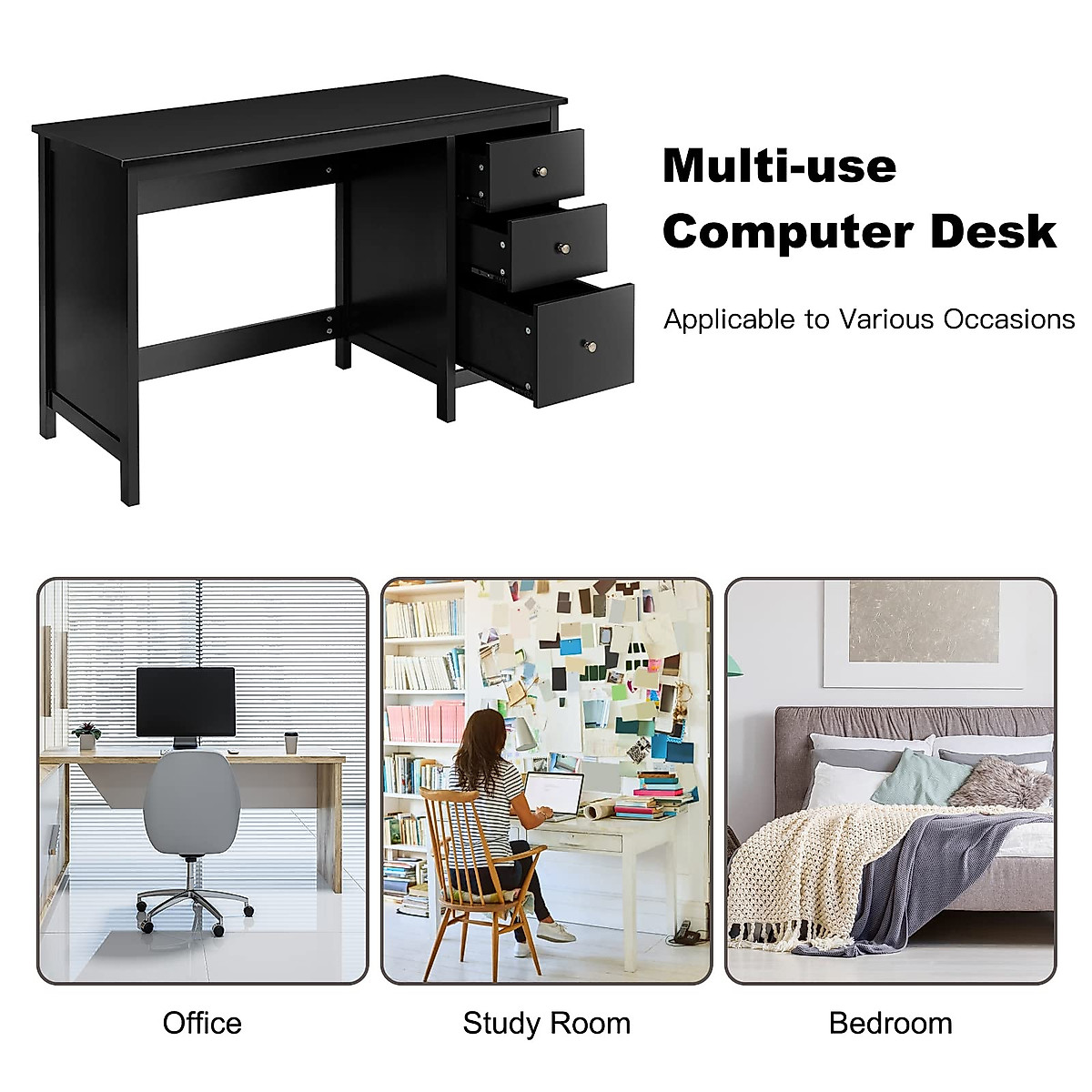 SILKYDRY Black Computer Desk with Drawers, 48’’ x 20’’ x 29.5’’ Home Office Computer Workstation, Modern Executive Desks, Teens Writing Study Table Laptop Desk for Bedroom, Study, Small Space (Black)