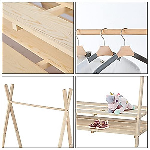 PETKABOO Kids Clothing Rack, Baby Clothes Rack, Freestanding Clothing Rack with Storage Shelf & Hanging Rod, Stable Triangular Frame, 100% Natural Pine Wood Garment Rack, Beige