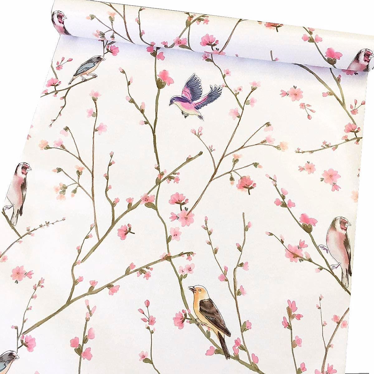 Self Adhesive Vinyl Vintage Floral Birds Shelf Liner Contact Paper for Cabinets Dresser Drawer Furniture Walls Decal 17.7X117 Inches