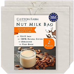 Cotton Farm – Nut Milk Bag – XL 12x12 Inch, Commercial Grade – “Seamless” Bottom Design- All Purpose Strainer, 100% Unbleached Cotton, Washable & Reusable… (2)