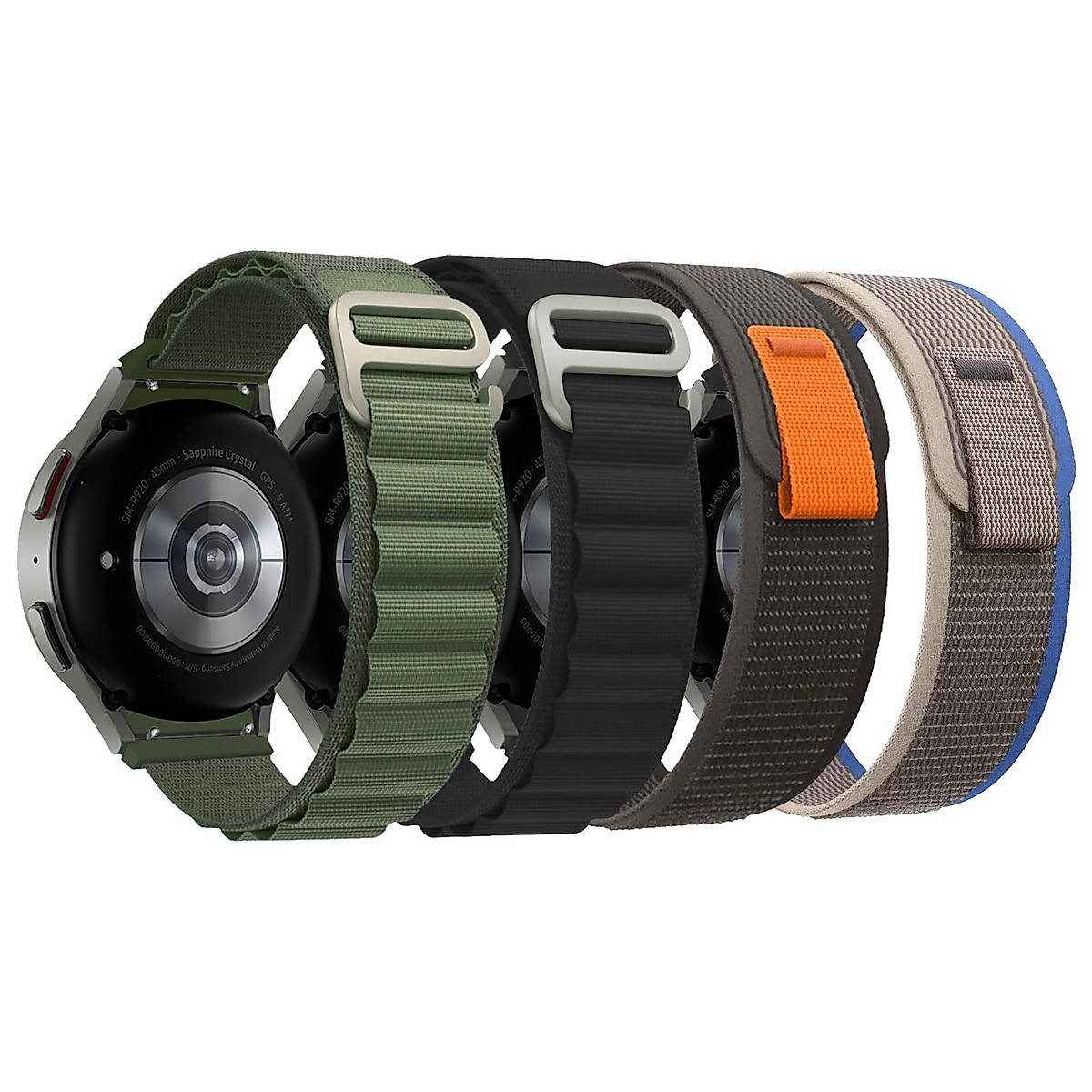 WINGLE 4 Pack Band for Samsung Galaxy Watch 7 6 5 4 FE Band Watch 6 Classic 5 Pro 4 Classic Band 44mm 40mm 47mm 43mm 45mm 46mm 42mm Men Women, No Gap Trail Alpine Loop Woven Nylon Sport Watch Strap