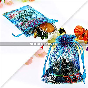 SumDirect 100Pcs Blue Organza Drawstring Bags Jewelry Pouches, Coralline Pattern Candy Chocolate Party Christmas Wedding Favor Gift Bags,3.5x4.7inches