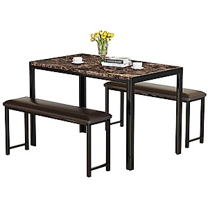 Lamerge Kitchen Tables Set for 4, Dining Faux Marble Table and 2 PU Leather Upholstered Bench, 3 Piece Dining Room Table Set for Small Space, Breakfast Nook and Apartment, Brown (Dining Table016)