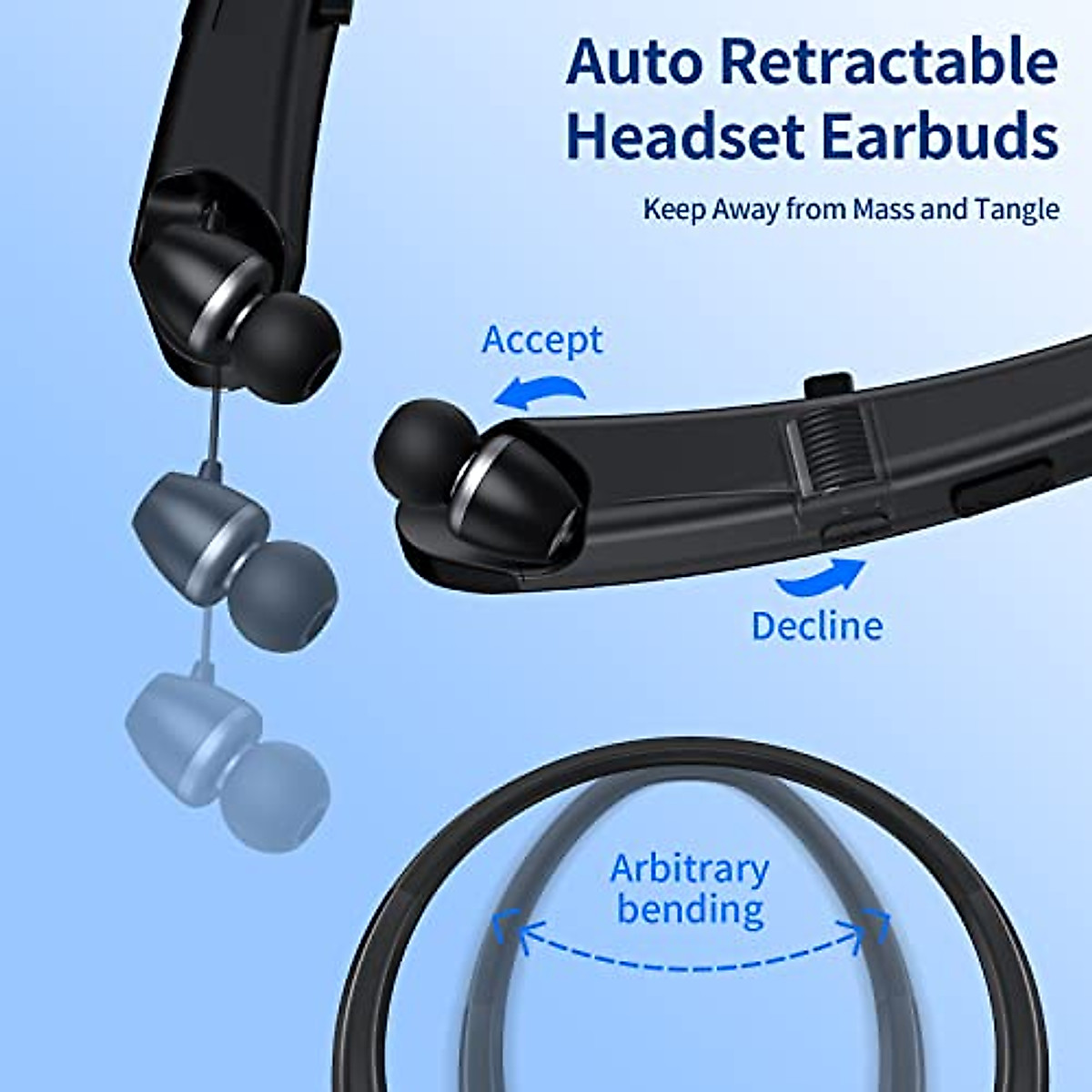 Neckband Bluetooth Headphones, Wireless Neckband Headset Retractable with Sweatproof Stereo Earbuds Call Vibrate Alert Earphones with Mic Compatible with iPhone, Android, iPad, Samsung (Silver Black)