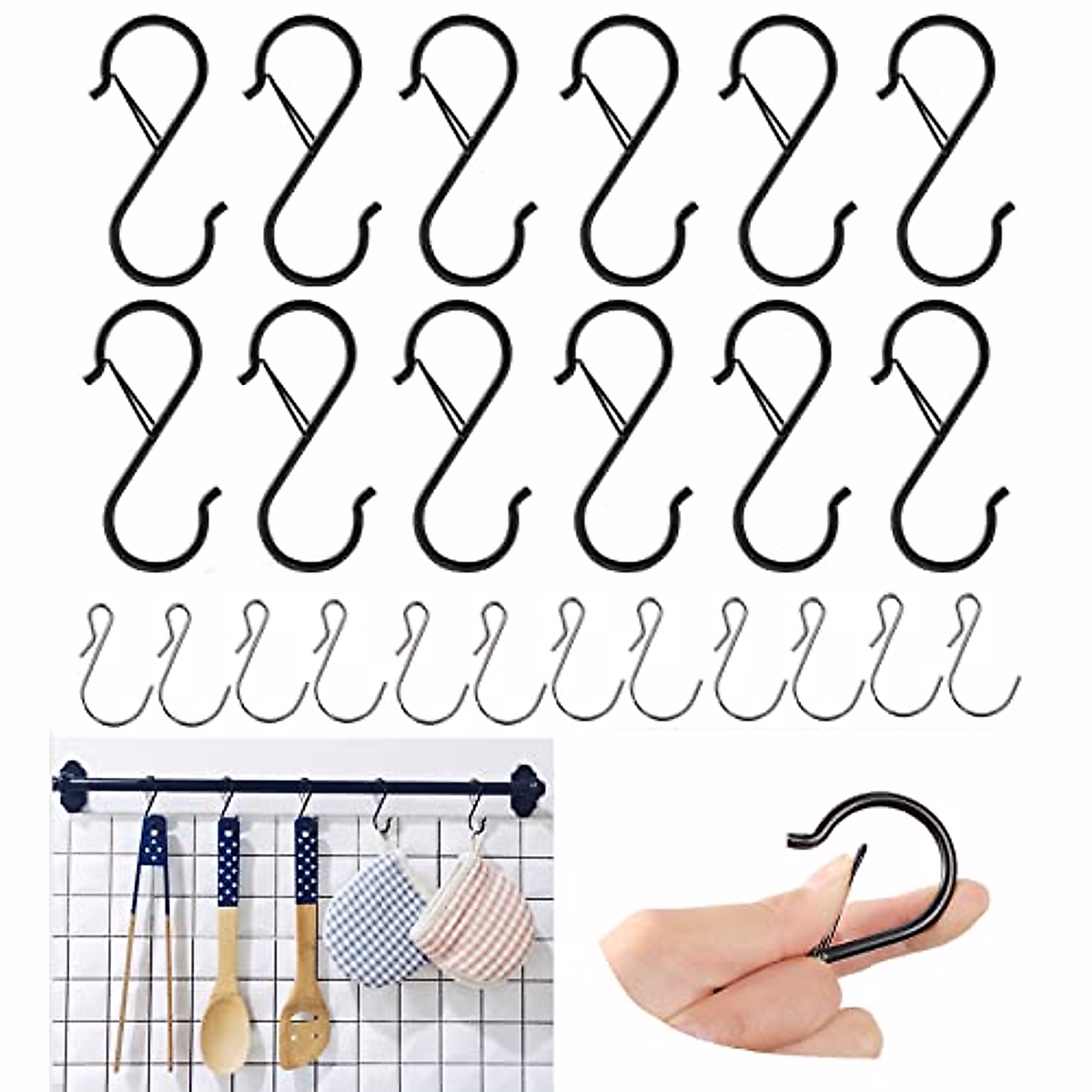 CRSONGMAOZL 24 Pack S Hooks for Hanging Clothes Heavy Duty Metal Black S Hook with Safety Buckle Design for Outdoor, Lights, Kitchenware, Hanging Hooks
