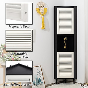HollyHOME 68.5" Tall Corner Metal Storage Cabinet, Narrow Linen Tower Cabinet with Shelf and Shutter Door, Freestanding Floor Slim Organizer Cupboard for Living Room, Kitchen Pantry, Black&White