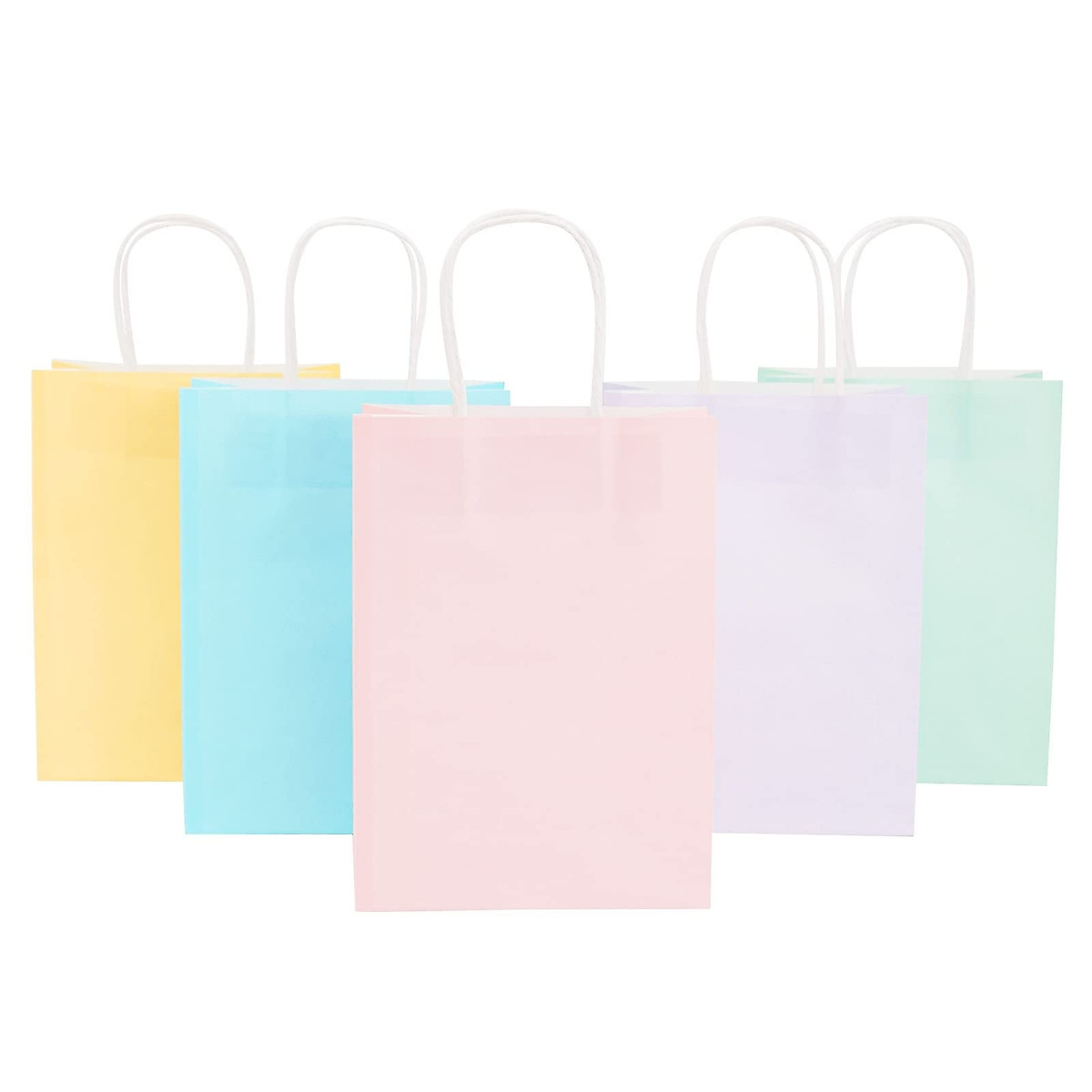 Juvale Pastel Paper Gift Bags with Handles for Goodies, Baby Shower, Party Favors (25 Pack, 5 Colors, 8.5 x 6.2 x 3.1 in)
