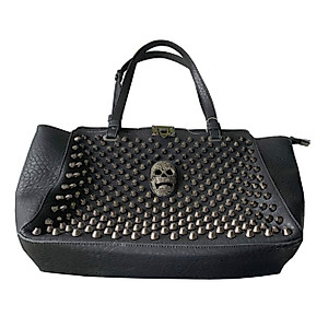 FiveloveTwo Women Skull Handbag Purse Gothic Top-handle Shoulder Bag PU Rivet Tote Satchel Black