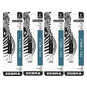 Zebra Ballpoint Pen F-Refill 85412, 1.0mm, Medium Point, Black, 4 Pack, 8 Refills