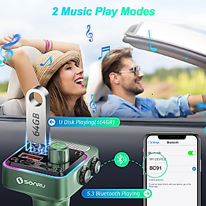 Bluetooth 5.3 FM Transmitter Car Adapter - SONRU Car Charger 54W [PD 36W & QC3.0 18W], Wireless FM Radio Transmitter [HiFi Treble & Bass Player], 5 Colors LED Backlit, Hands-Free Calling, U-Disk