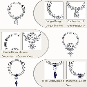 CASSIECA 16G Septum Rings Stainless Steel Dangle Septum Jewelry with Blue Plant Teardrop Clear CZ Butterfly Heart Moon Sun Daith Cartilage Helix Tragus Earrings Nose Rings Piercing Jewelry for Women