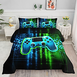 Datura home Video Gamer Comforter Set for Kids Teens Adults,Green Black Gamepad Modern Gamer Gaming Printed Bedding Set with 1 Comforter and 2 Pillowcases(Gamepad Green Full)