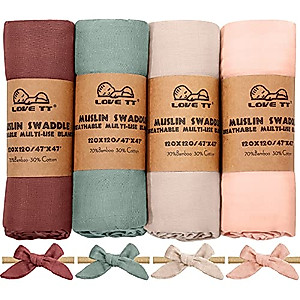 Tatuo 4 Pack Baby Swaddle Blanket Breathable Muslin Swaddle Blanket for Boys Girls, 4 Soft Elastic Baby Headbands with Hair Bows, 47 x 47 Inch Receiving Blanket for Newborn Infant(Light Color)