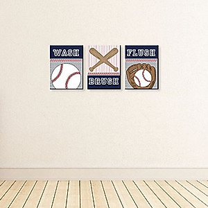 Big Dot of Happiness Batter Up - Baseball - Kids Bathroom Rules Wall Art - 7.5 x 10 inches - Set of 3 Signs - Wash, Brush, Flush