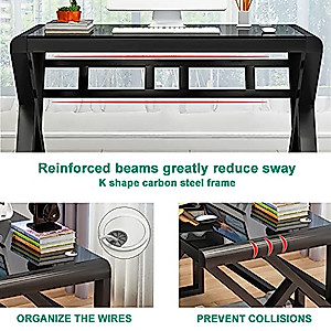 SAMERY Computer Desk & Gaming Desk, Home Office Desks 55.1 Inch- Modern Simple Writing Study Glass Computer Desk Home Office Desks Space-Saving Multipurpose Workstation with Metal Frame