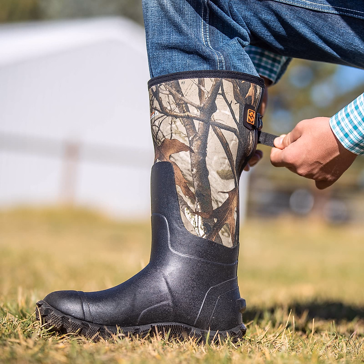 HISEA Upgraded Rain Boots for Men Waterproof Insulated Rubber Boots Outdoor Mud Hunting Boot, Adjustable Calf, Camo, 8