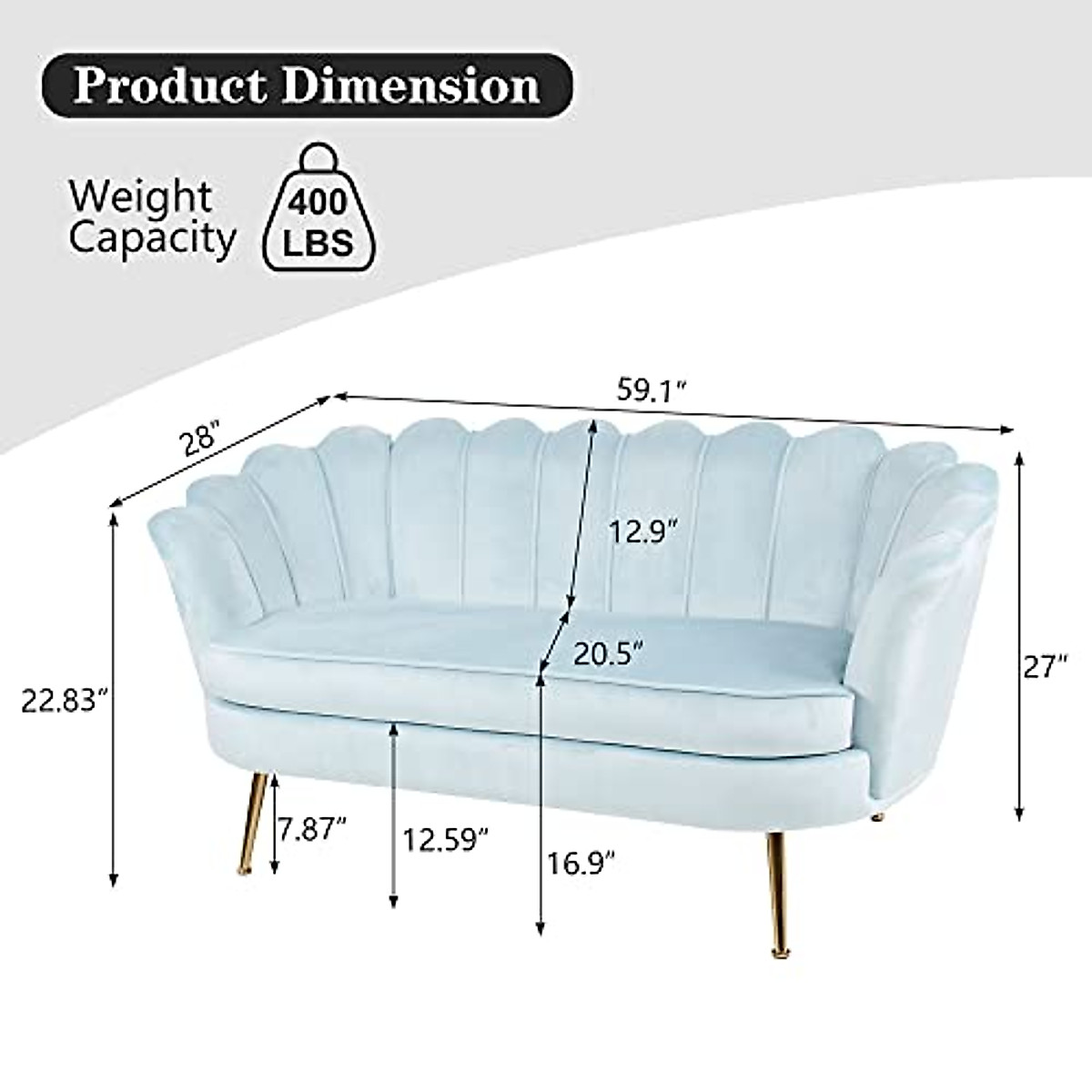 QHITTY Velvet Loveseat, 58'' Velvet Sofa Accent Couch Settee Upholstered Chair, 2 Seater Small Loveseat for Small Spaces, Living Room (Light Blue)
