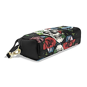 ALAZA Cute Pencil Case Skull Rose and Leaves Pen Cases Organizer PU Leather Comestic Makeup Bag Make up Pouch, Back to School Gifts
