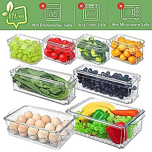 8 Pack Fridge Organizer with Egg Holder, Stackable Refrigerator Organizer Bins with Lids, Fruit Storage Containers for Fridge, BPA-Free Fridge Organizers and Storage Clear for Fruits, Vegetable, Food